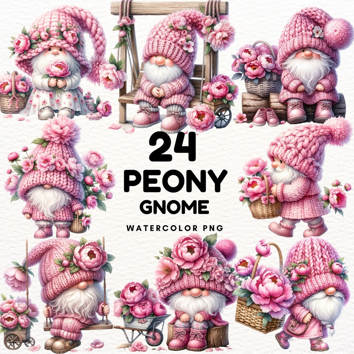 Spring Gnome Clipart, Watercolor Gnome Peony, Spring Peony Gnome PNG ...