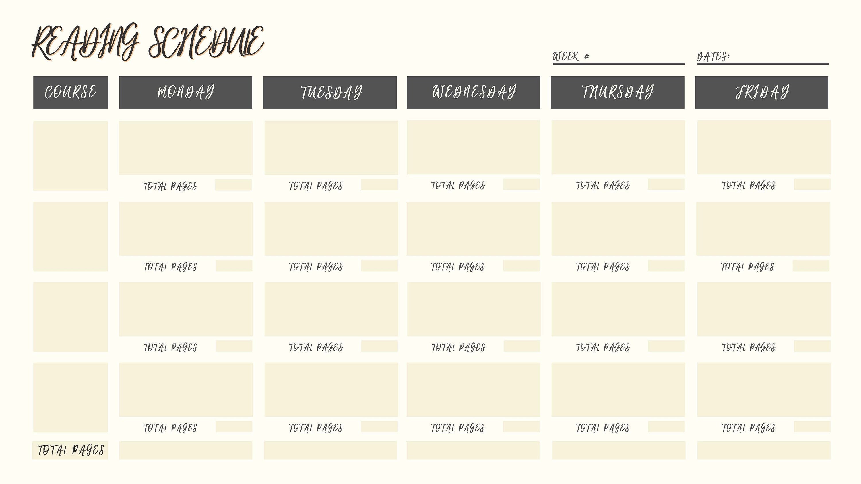 Reading Schedule | Printable (homeschool, Law School, University, Etc ...