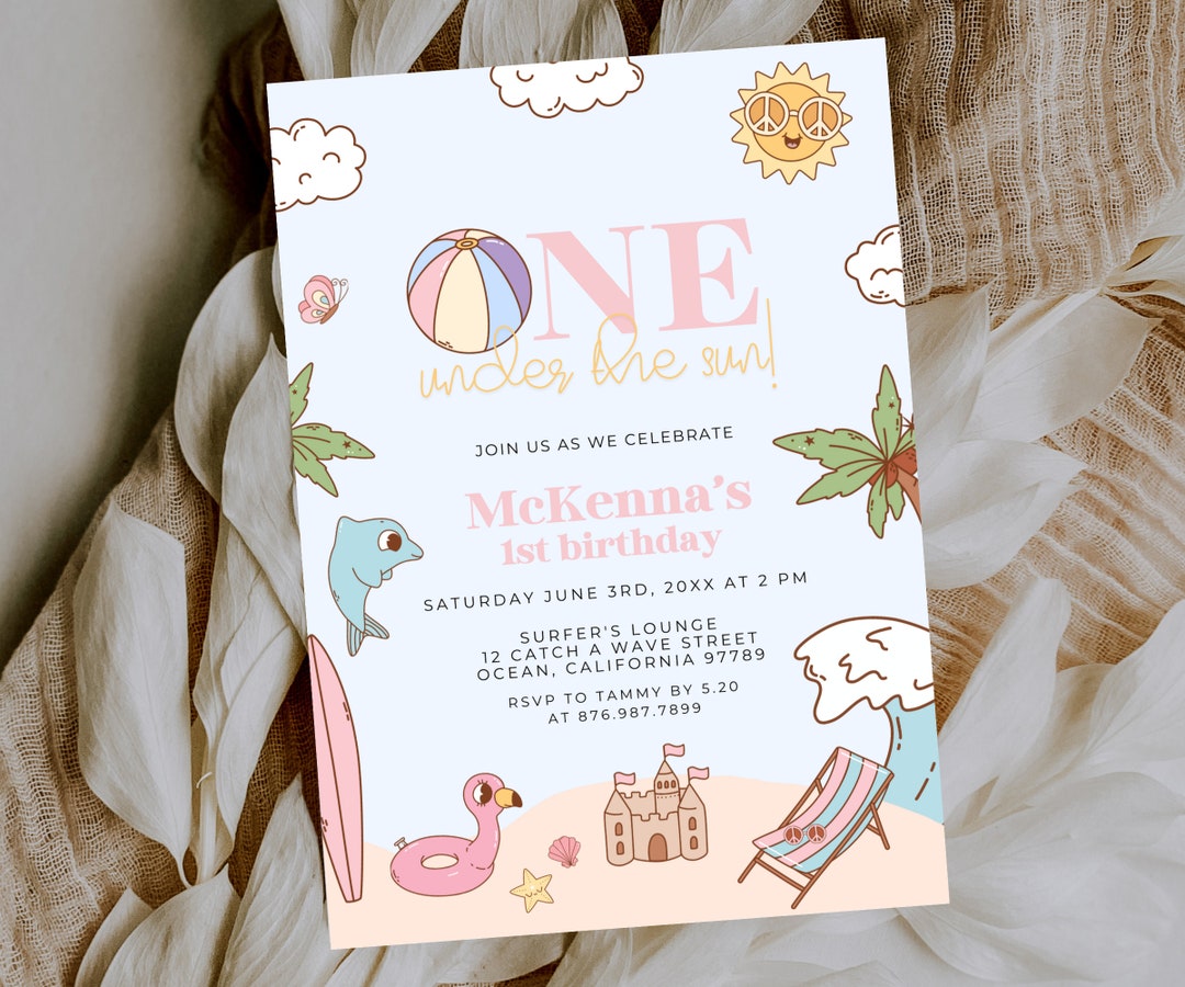 Retro Girls Beach 1st Birthday Party Invitation, One Under the Sun ...