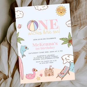 Retro Girls Beach 1st Birthday Party Invitation, One Under the Sun ...