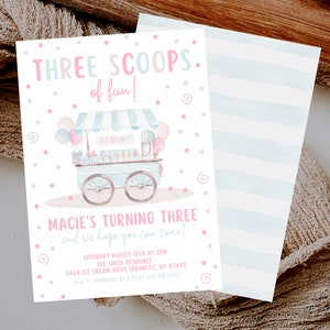 Editable Ice Cream Truck Three Scoops of Fun 3rd Birthday Party Invitation Ice Cream 3rd ...