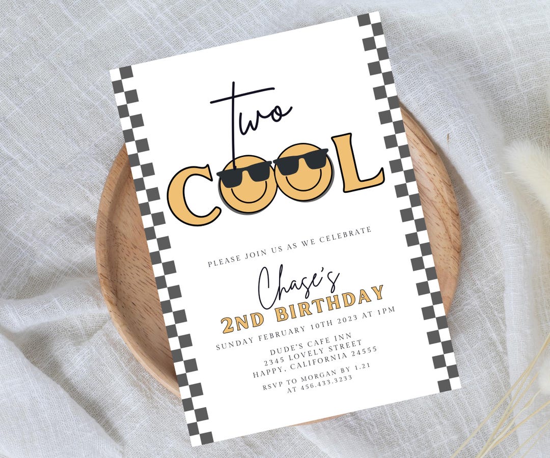 Two Cool Invite Boy, Smile Face Birthday Invitation, Smiley Birthday ...