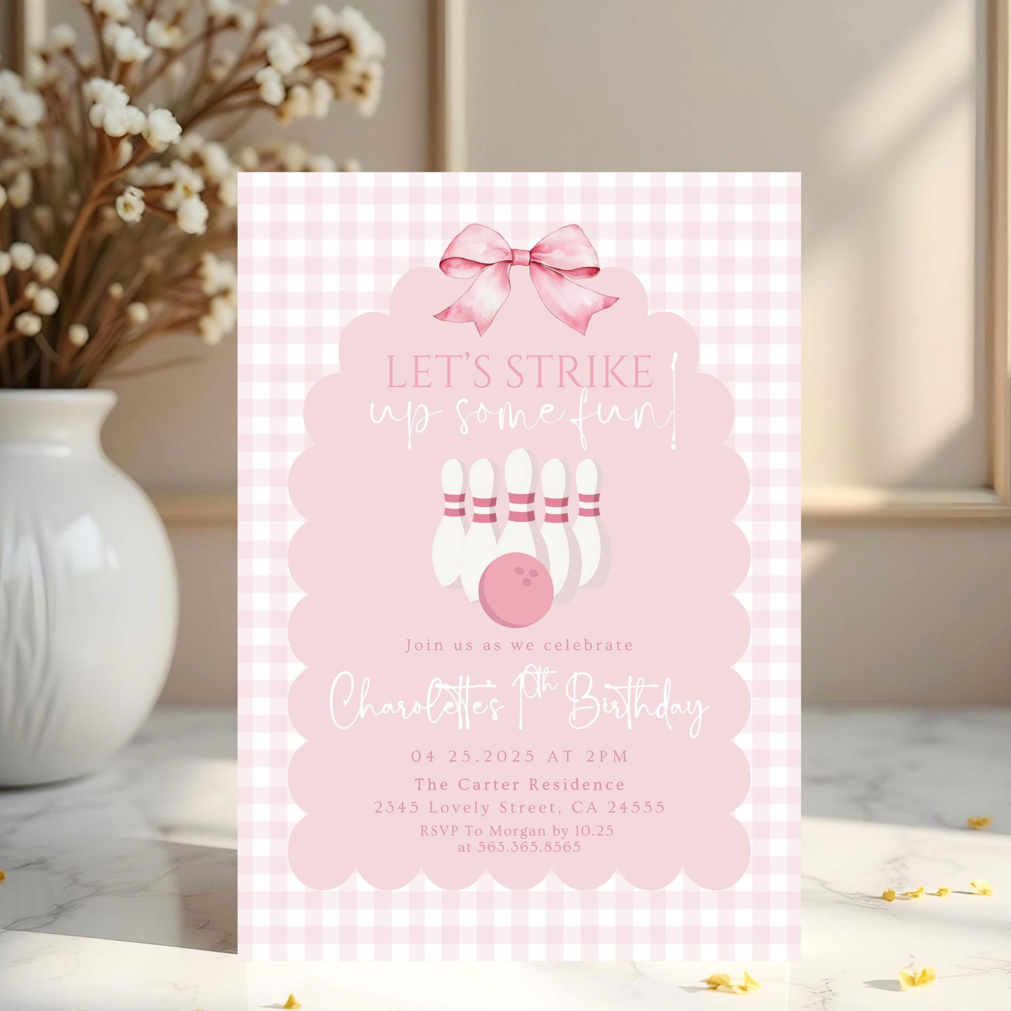 Bowling Birthday Invitation, Girls Editable Pink Bow Bowling Invite ...