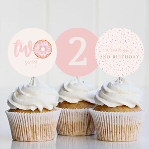 Donut 2nd Birthday Cupcake Toppers, Editable Donut Birthday Labels, Two ...