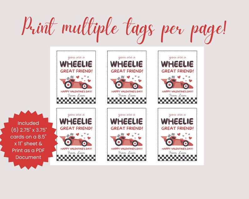 Race Car Toy Valentine's Day Gift Tag, You Are A Wheelie Great Friend ...