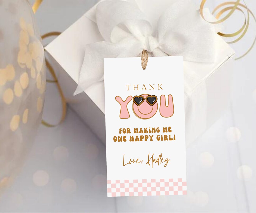 Editable One Happy Girl Birthday Party Favor Tag, Retro Smiley Face ...