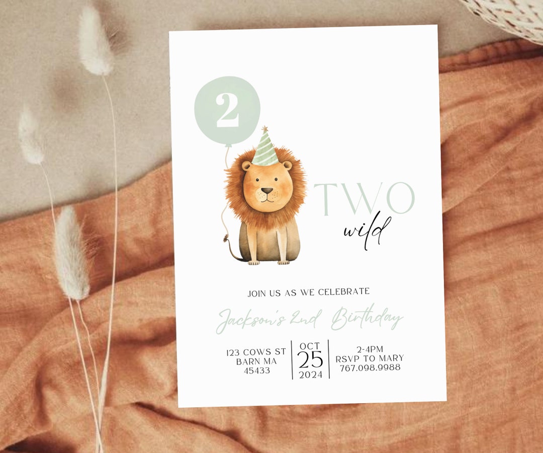 Two Wild Birthday Invitation, Two Wild Invitation Printable, Lion 2nd ...
