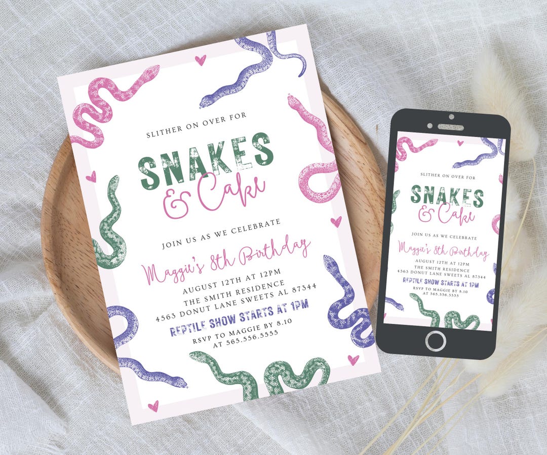 Girly Snake Birthday Invitation, Girl's Reptile Party Invitation ...