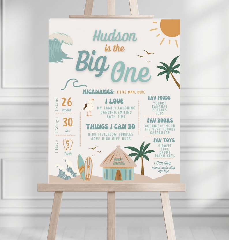 The Big One Milestone Sign, 1st Birthday Milestone Poster, Surf Beach ...