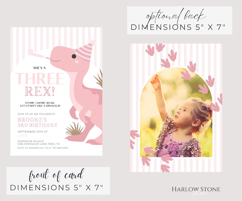 Girl Three Rex Party, Girl Dinosaur Party, Simple Editable Invite Cute ...
