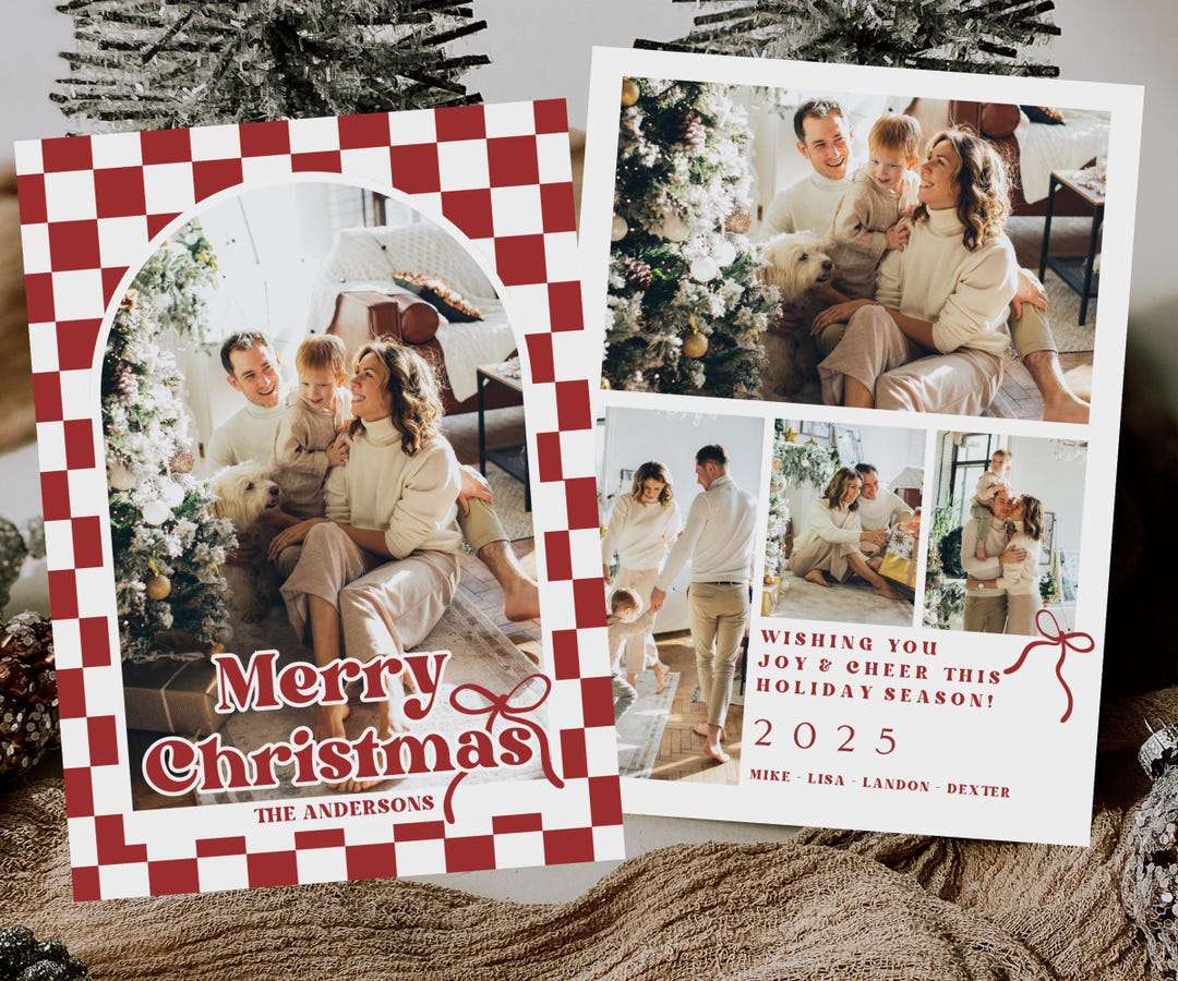 Coquette Checkered Christmas Card Template, Trendy Holiday Card, Arch ...