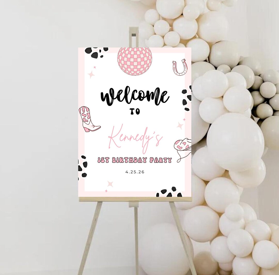 Editable Hand Drawn Cowgirl Welcome Sign, Pink Disco Cowgirl Party, Man ...