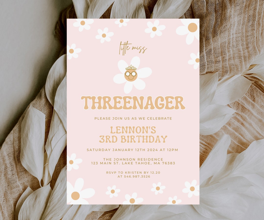 3rd Birthday Invitation Girl, Little Miss Threenager, Smile Face Bday ...