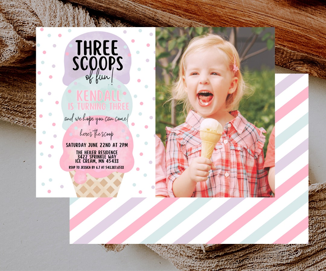 Editable Ice Cream Truck Three Scoops of Fun 3rd Birthday Party ...