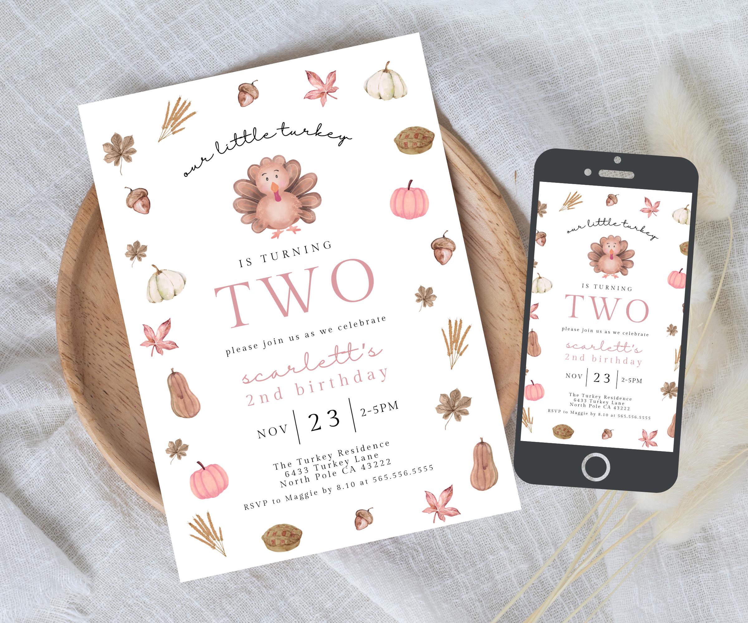 Our Little Turkey Girl 2nd Birthday Invitation | Our Little Turkey is ...
