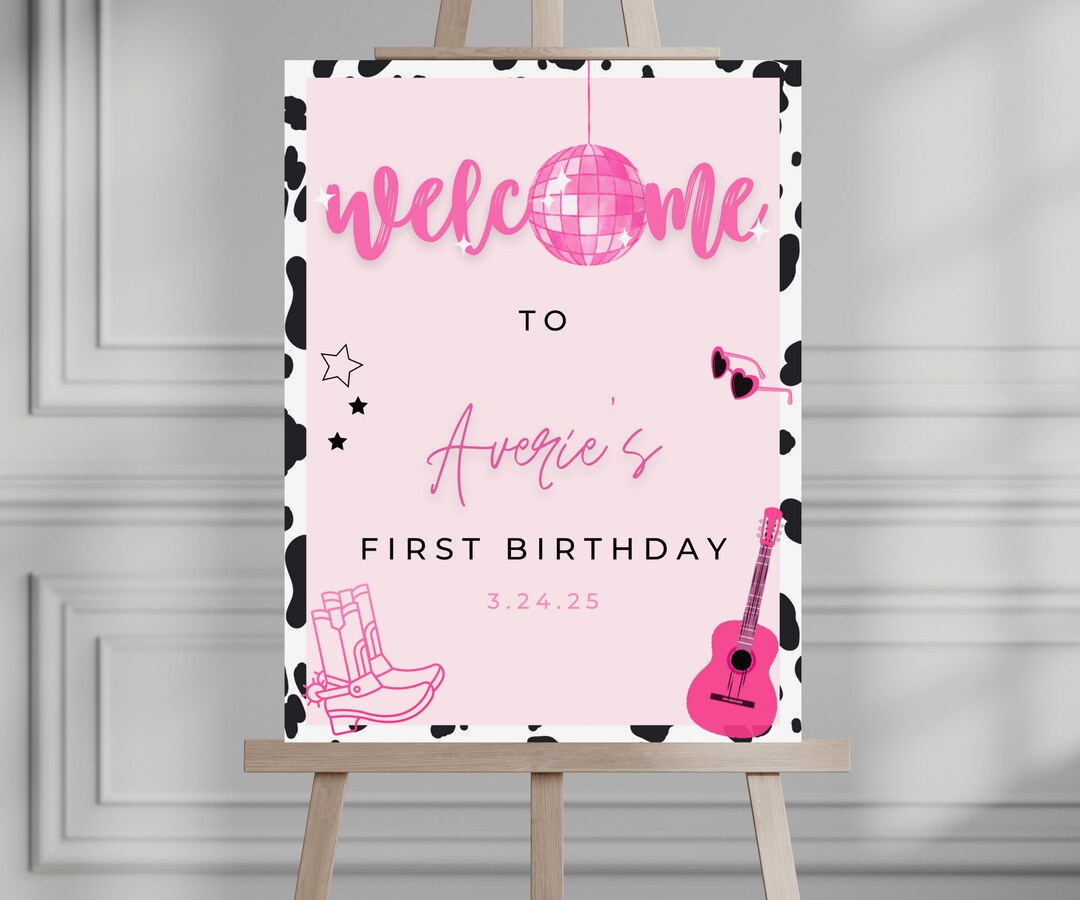 Editable Space Cowgirl Welcome Sign - Pink Disco Cowgirl Party ...