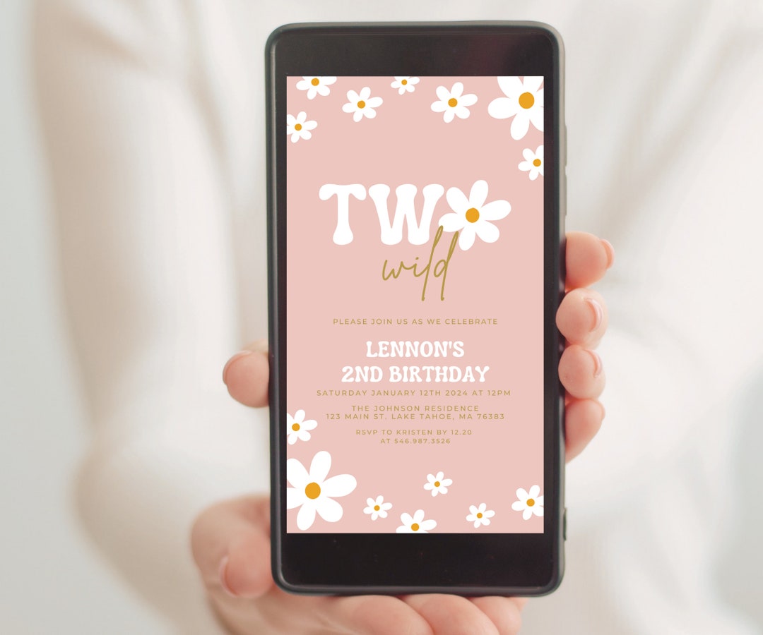 Editable Daisy Birthday Party Evite Invitation Boho Daisy Two Wild 2nd ...