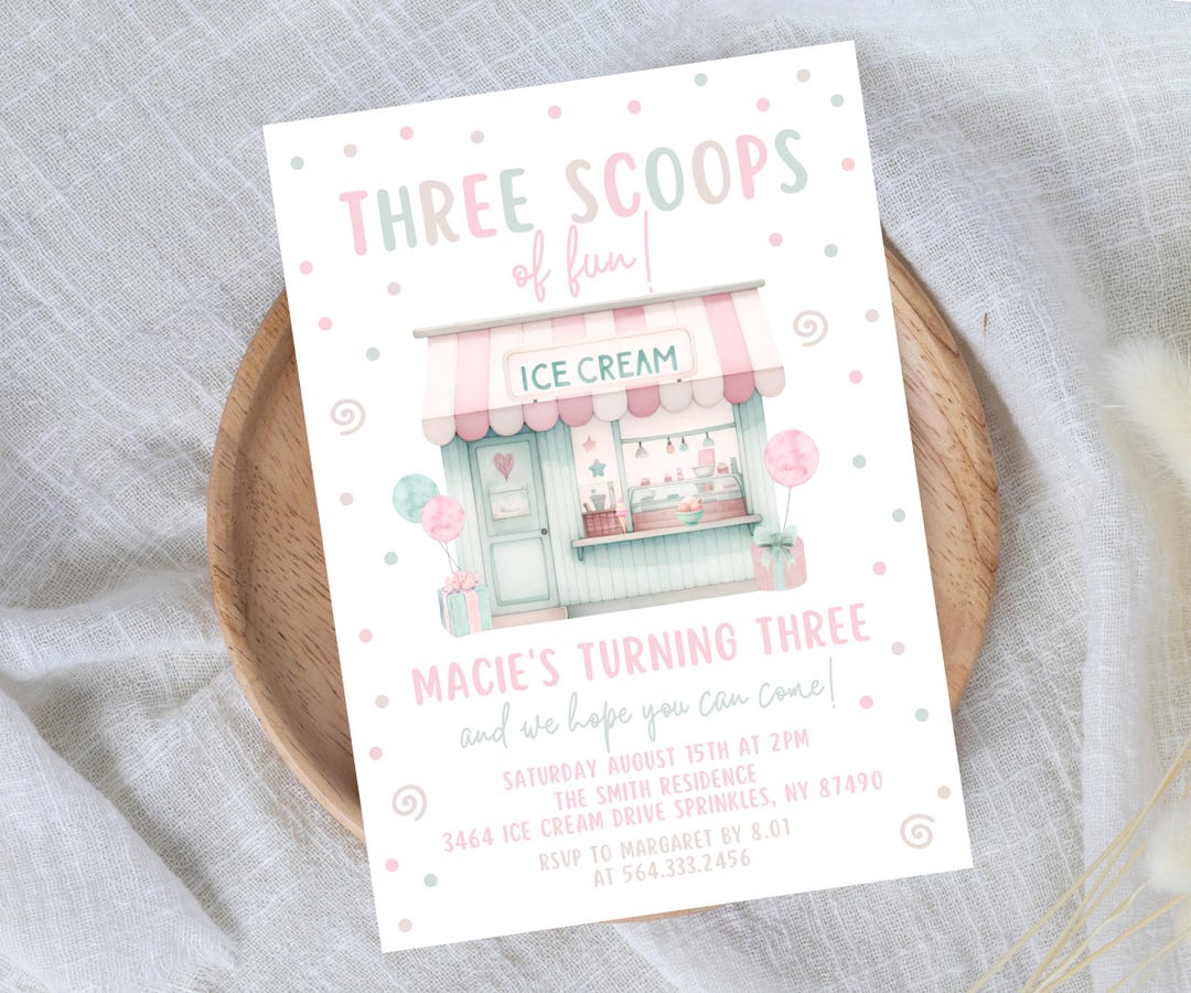 Editable Ice Cream Truck Three Scoops of Fun 3rd Birthday Party Invitation Ice Cream 3rd ...