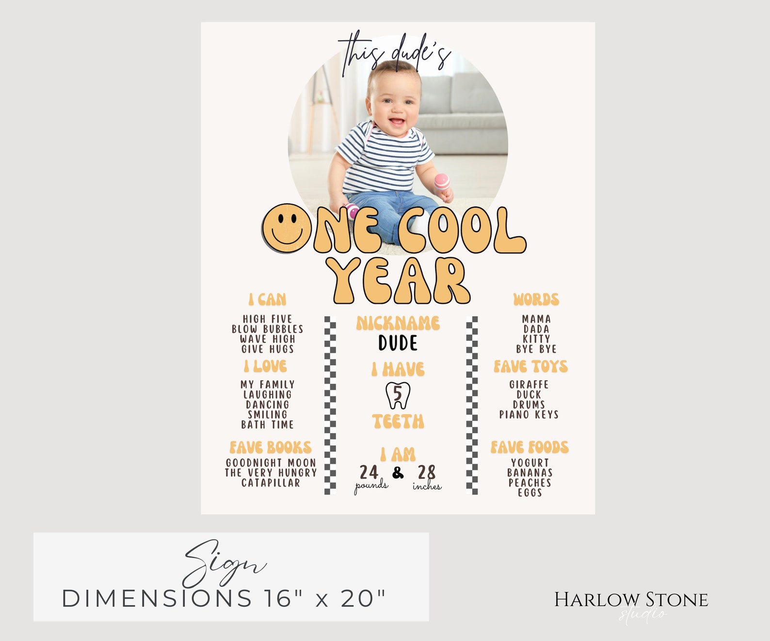 EDITABLE One Cool Dude Milestone Board, Smiley Face 1st Birthday Photo ...