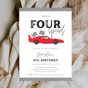 Need FOUR Speed Birthday Invitation Template Editable Red Race Car 4th ...
