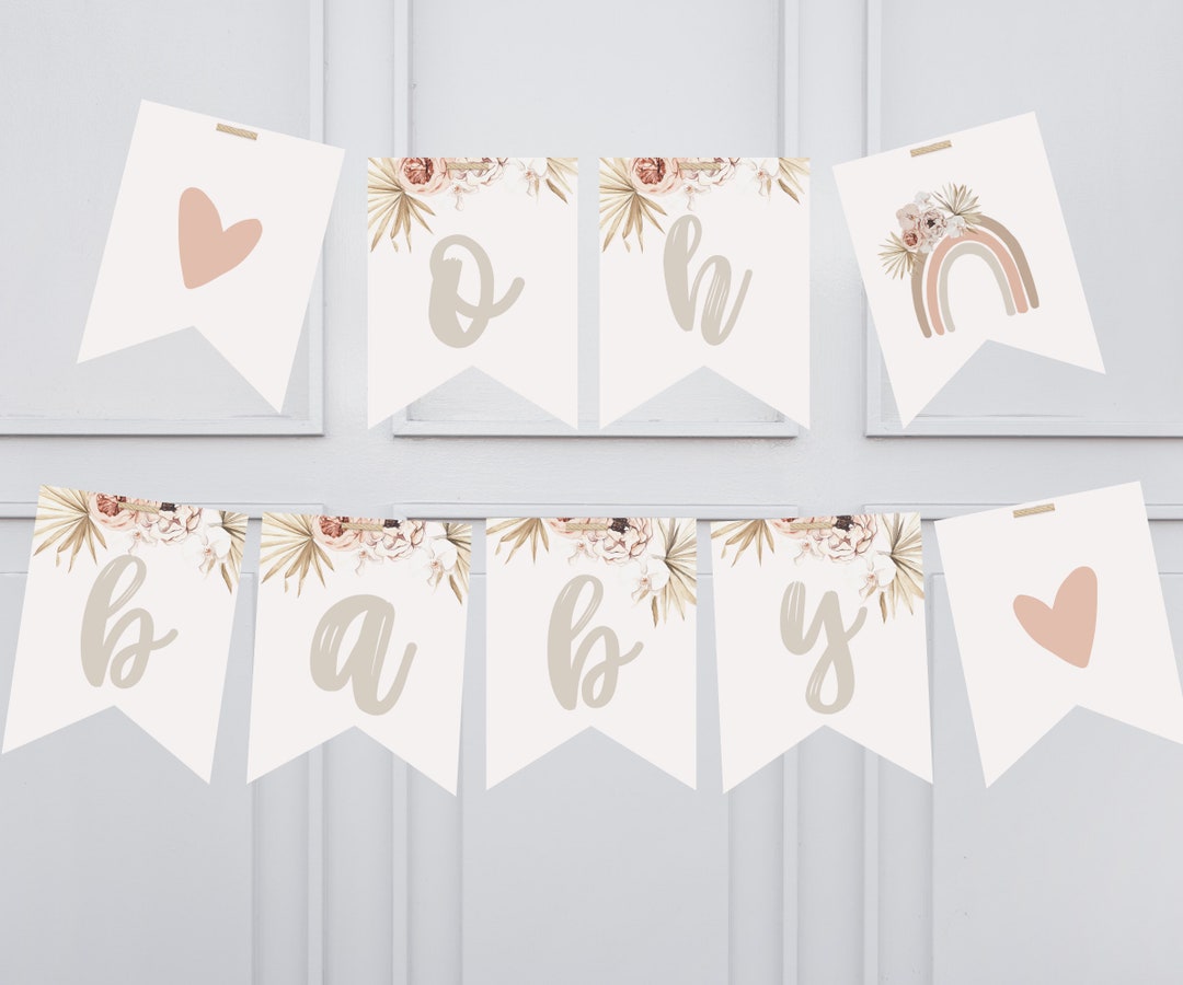 Editable Boho Rainbow Baby Shower Banner, Pink Pampas Grass Shower ...