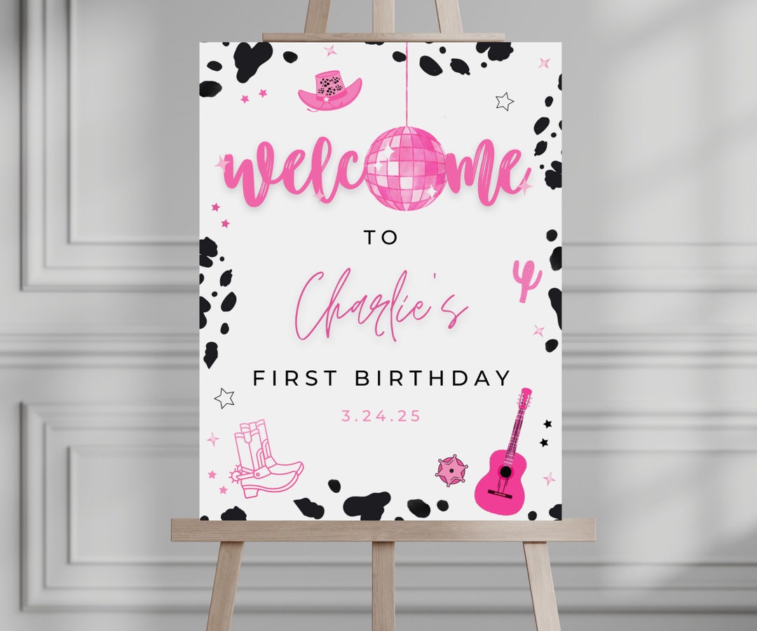 Editable Space Cowgirl Welcome Sign - Pink Disco Cowgirl Party ...