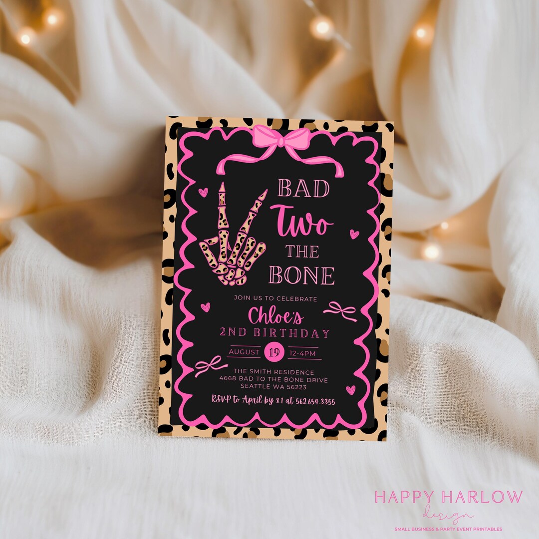 Hand Drawn Bad TWO the Bone 2nd Birthday Party Invitation, Coquette ...