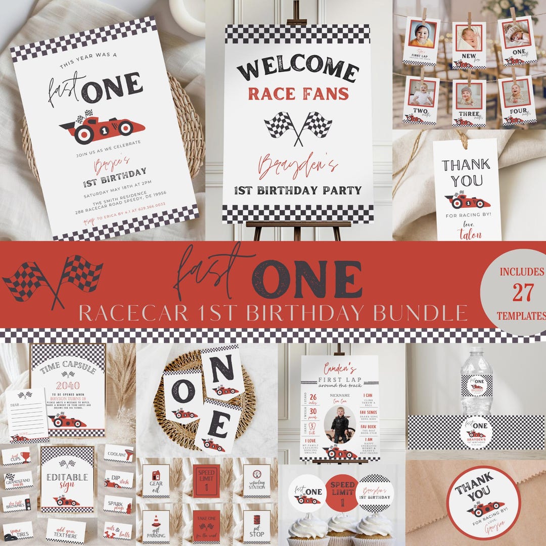 EDITABLE BUNDLE Racing Car Invitation, Photo Personalized, Fast One Boy ...