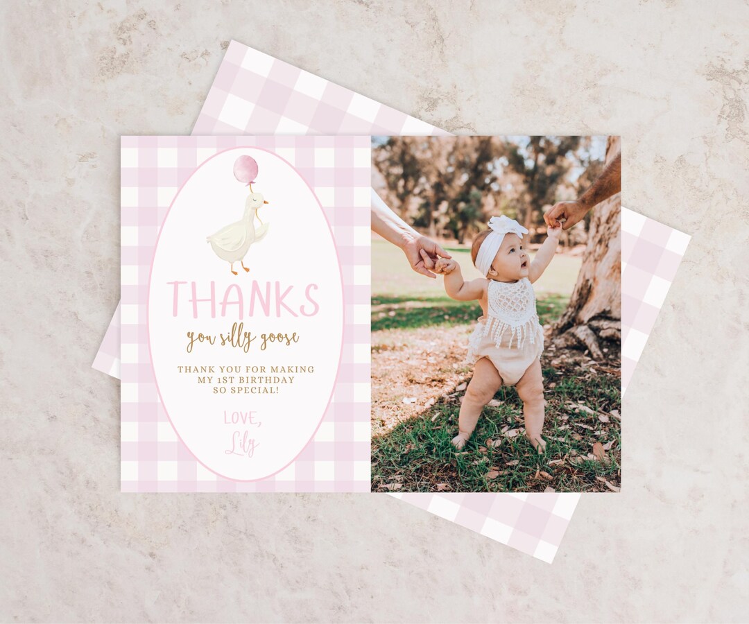 One Silly Goose Birthday Thank You Card, Editable Girl 1st Birthday ...