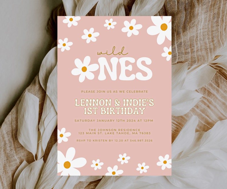 Editable Daisy Twin Birthday Party Invitation Boho Daisy Wild Ones Twin ...