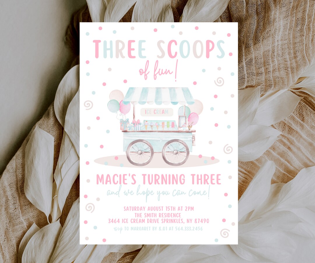Editable Ice Cream Truck Three Scoops of Fun 3rd Birthday Party Invitation Ice Cream 3rd ...