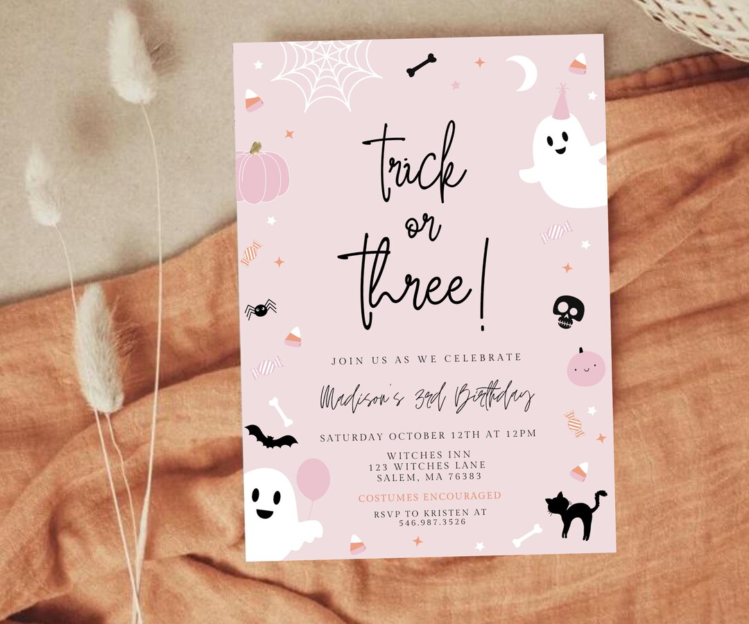 Trick or Three Invitation, EDITABLE Halloween 3rd Birthday Invitation ...