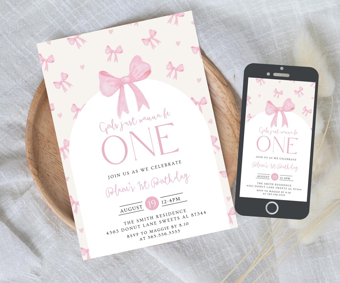 Editable Girls Just Wanna Be One Birthday Invitation Pink Bow 1st ...