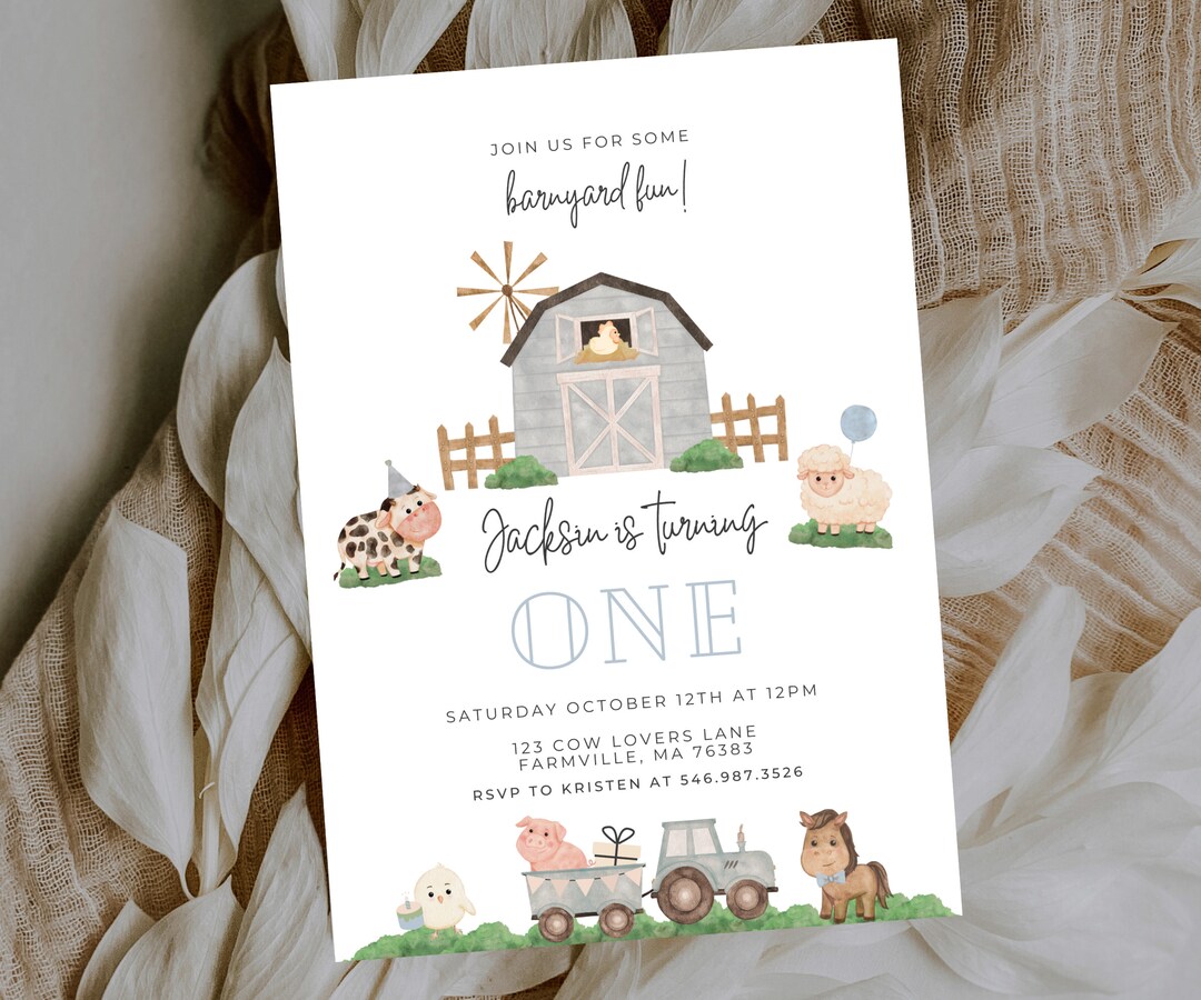 Farm Animal First Birthday Invitation Boy | Editable Farm Birthday ...