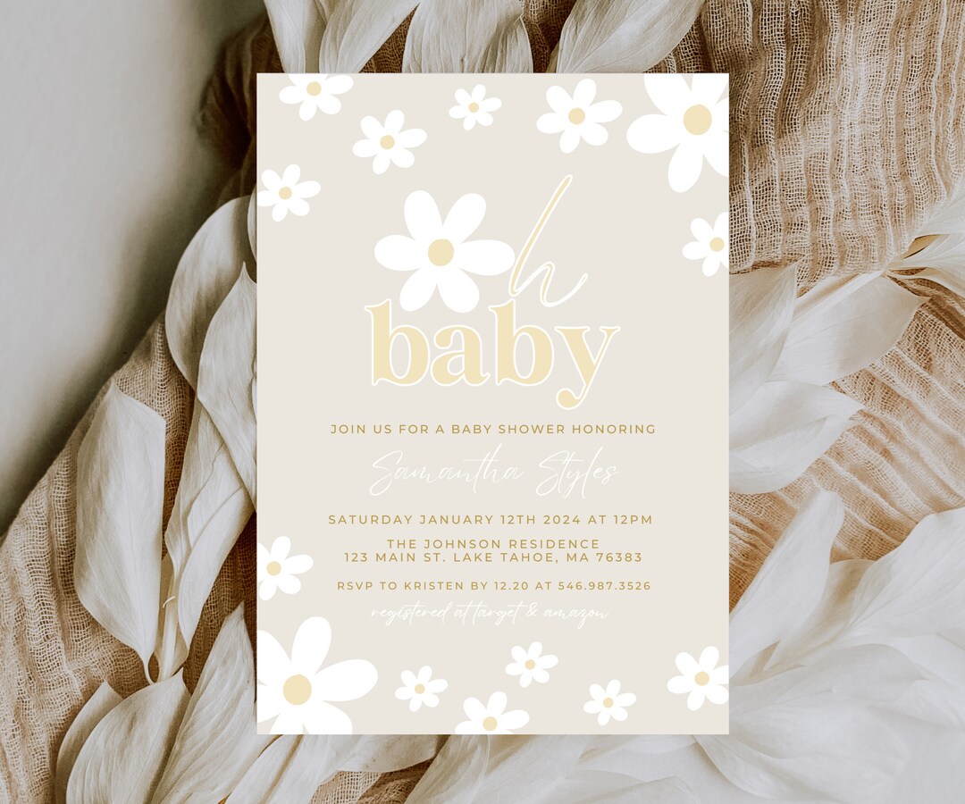 Daisy Baby Shower Invitation Template, Bohemian Oh Baby Editable ...