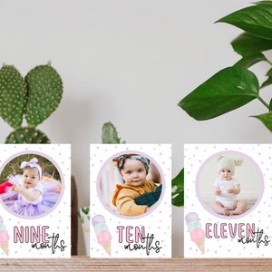 Editable Ice Cream Monthly Photo Banner First Birthday Girl Pink Sweet ...