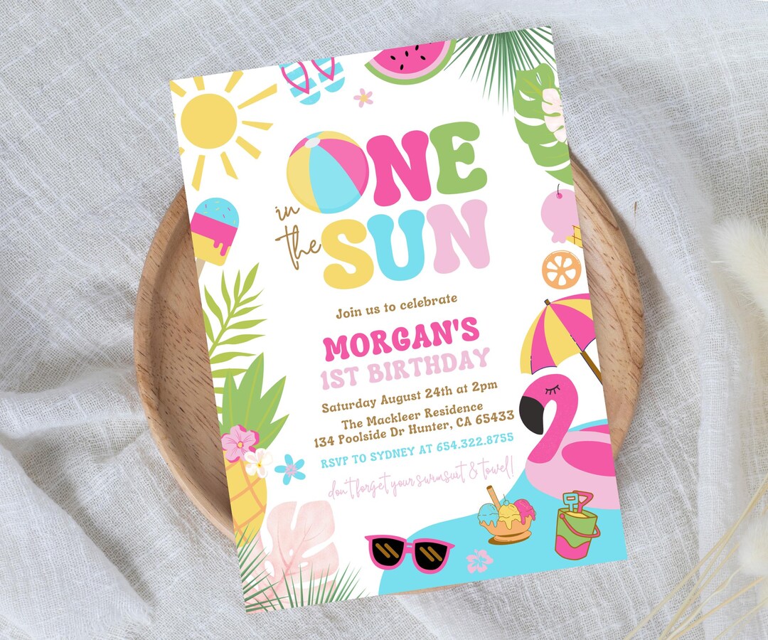 Editable Tropical Summer Splish Splash One in the Sun 1st Birthday ...