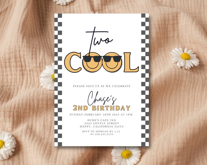 Two Cool Invite Boy, Smile Face Birthday Invitation, Smiley Birthday ...
