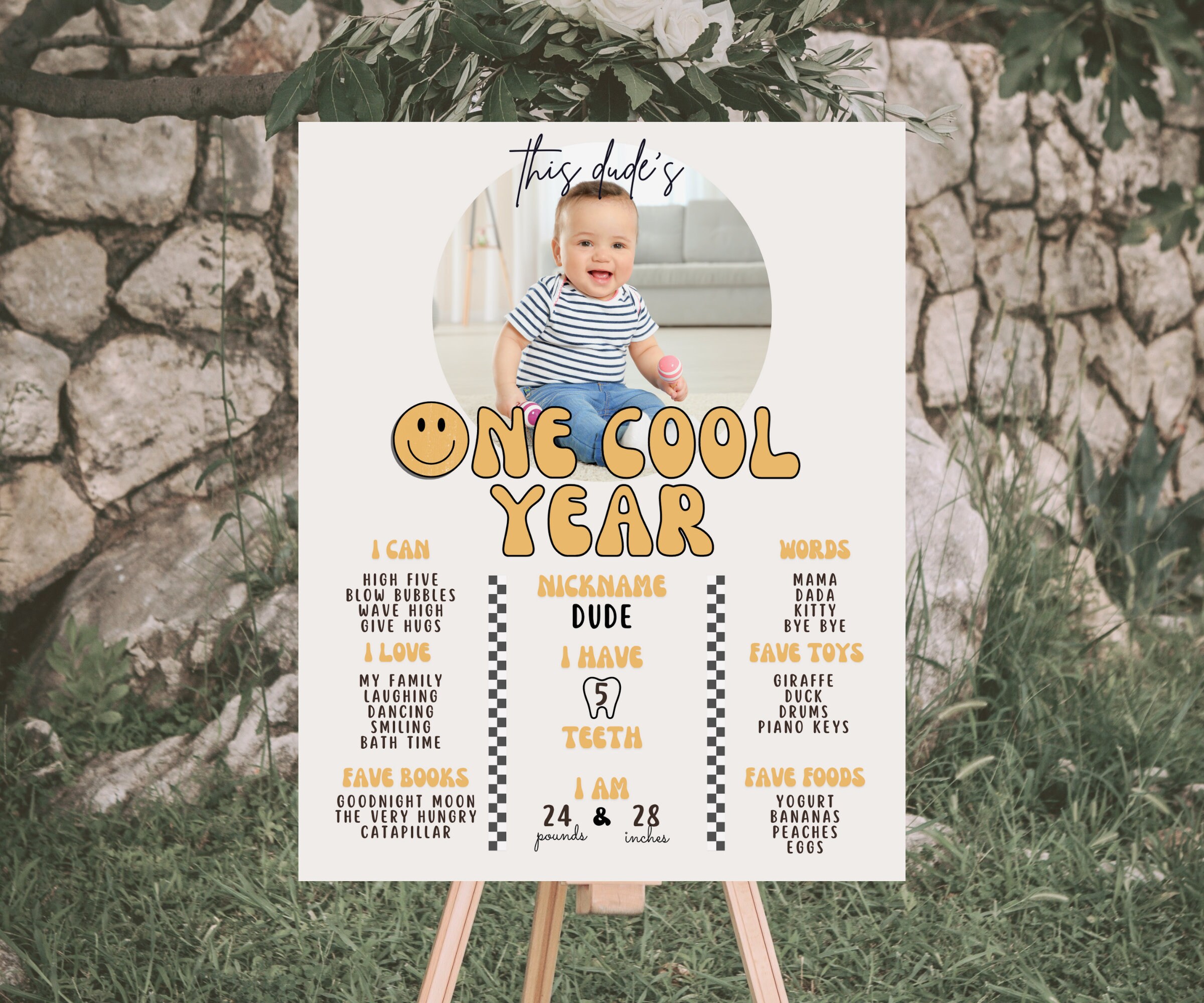 EDITABLE One Cool Dude Milestone Board, Smiley Face 1st Birthday Photo ...