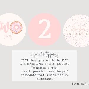 Donut 2nd Birthday Cupcake Toppers, Editable Donut Birthday Labels, Two ...