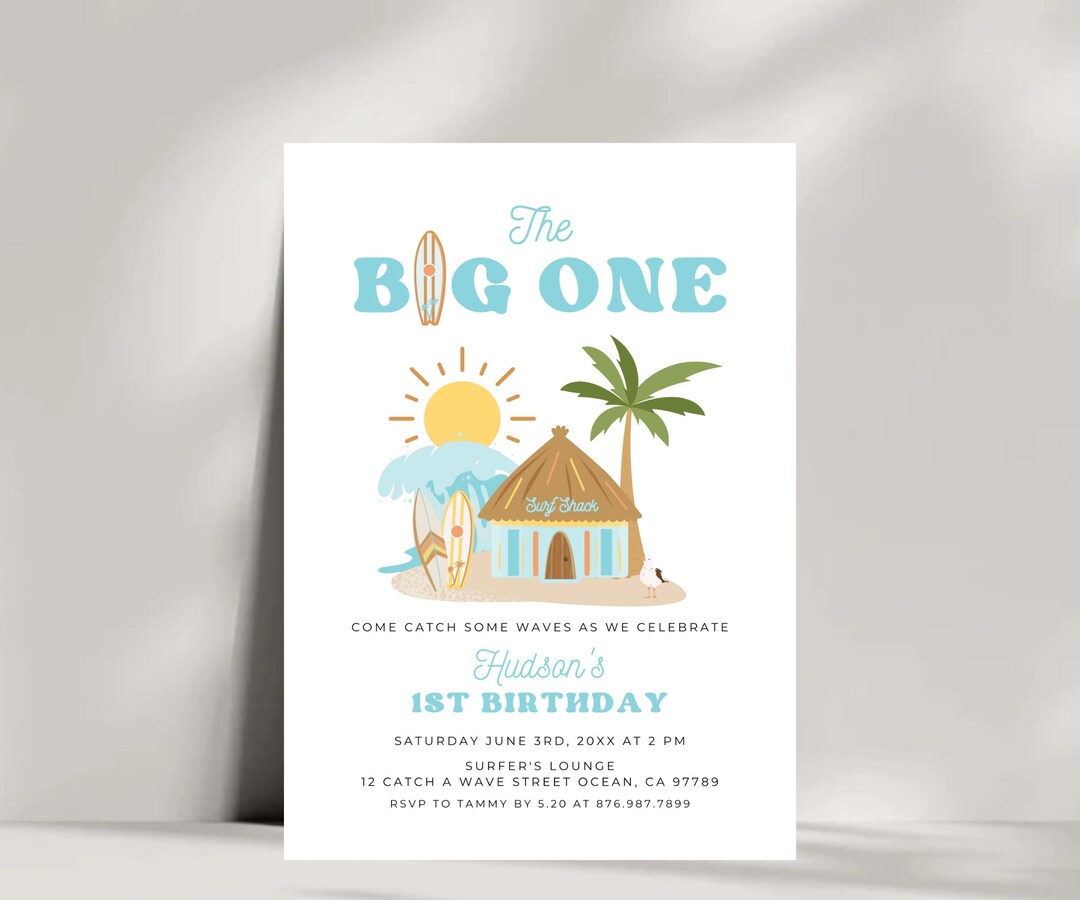 The Big One Invitation, 1st Birthday Invite Template, Surf Beach Theme ...