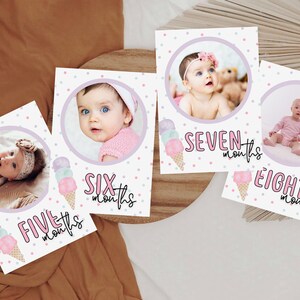 Editable Ice Cream Monthly Photo Banner First Birthday Girl Pink Sweet ...