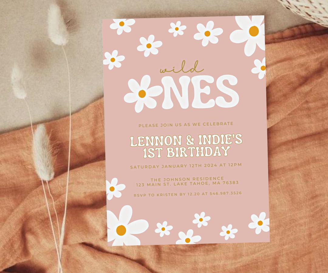Editable Daisy Twin Birthday Party Invitation Boho Daisy Wild Ones Twin ...