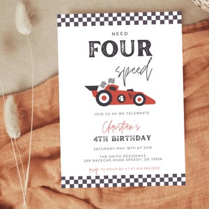 Need FOUR Speed Birthday Invitation Template Editable Red Race Car 4th ...