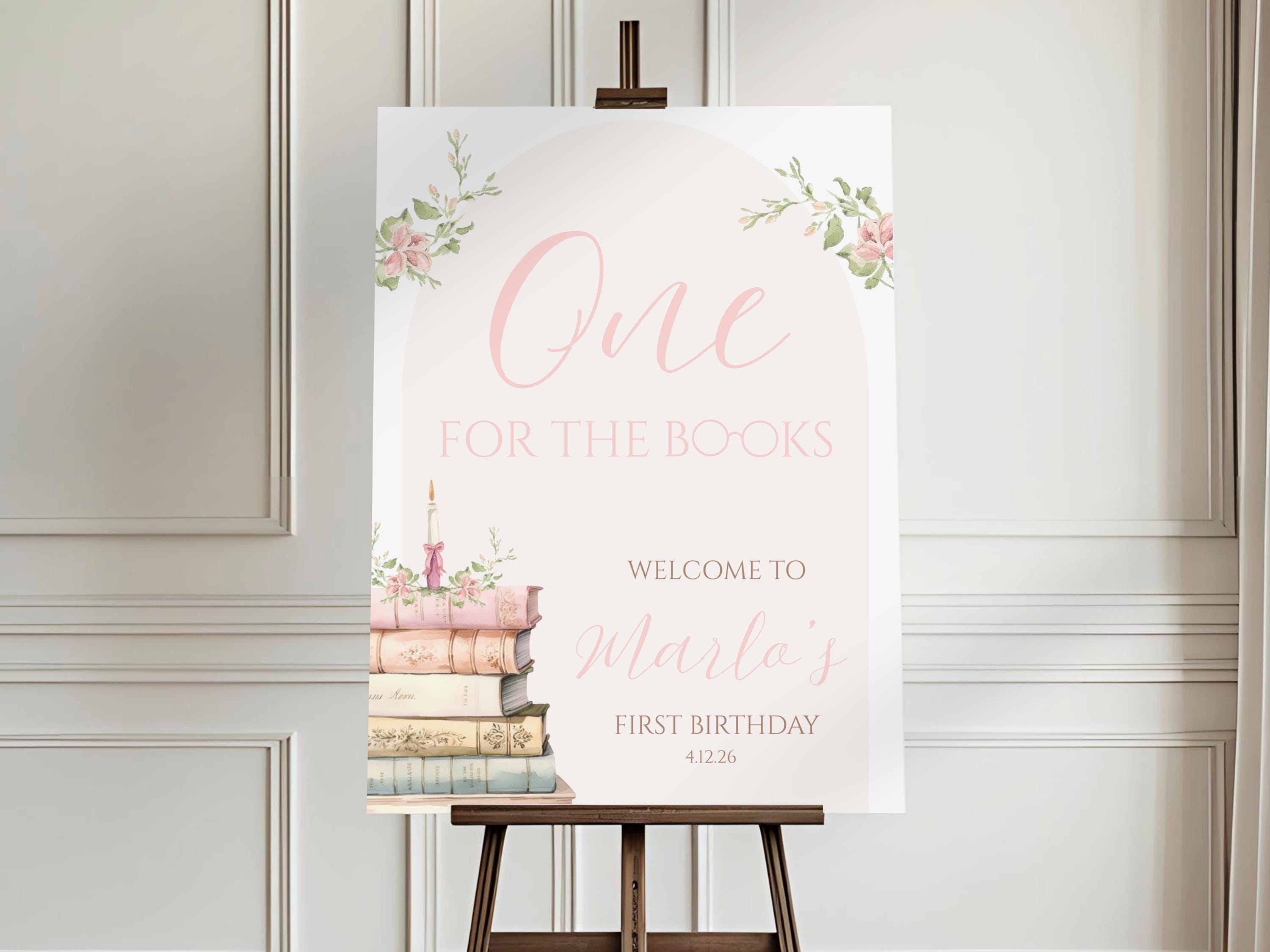 One for the Books, Pink Book First Birthday Welcome Sign, Book Themed ...
