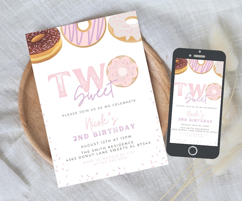 Donut 2nd Birthday Invitation Girl, Editable Donut Birthday Invite, Two ...