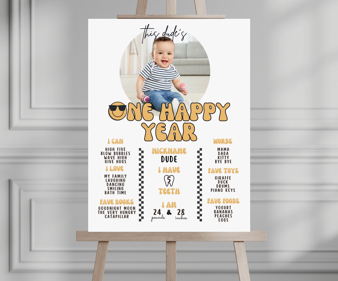 EDITABLE One Happy Dude Milestone Board, Smiley Face 1st Birthday Photo ...