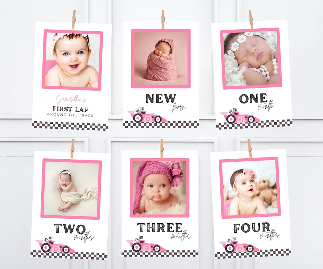 Girl First Lap Birthday Photo Banner, Fast ONE Birthday Monthly Photos ...