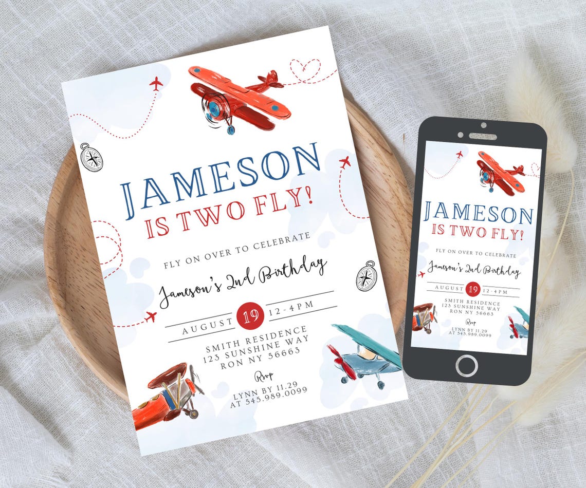 Two Fly Airplane Birthday Invitation for Second Birthday Party ...