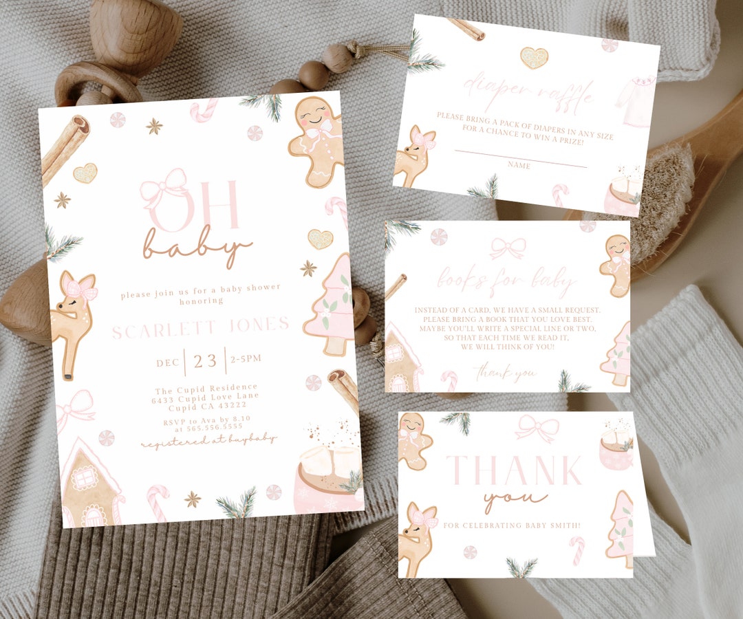 Gingerbread Baby Shower Invitation, Editable Pink Winter Girl Baby ...